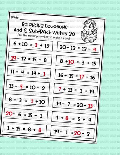 1st 2nd Grade Spring Balancing Equations Add Subtract to 20 Dinosaur ...