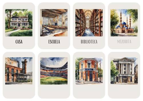24 English-Spanish Flashcards | Buildings by CendulkaCreations | TPT