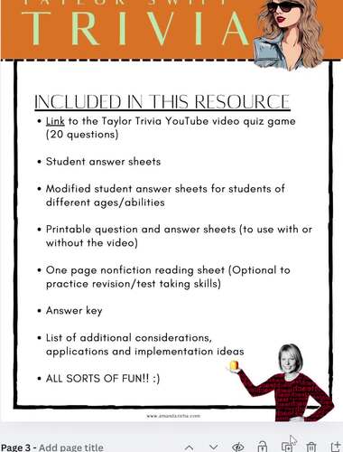Taylor Swift Trivia Game | Engaging Brain Break Game for Middle School