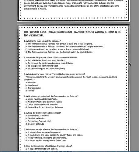 Transcontinental Railroad Reading Passage Worksheet | Comprehension ...