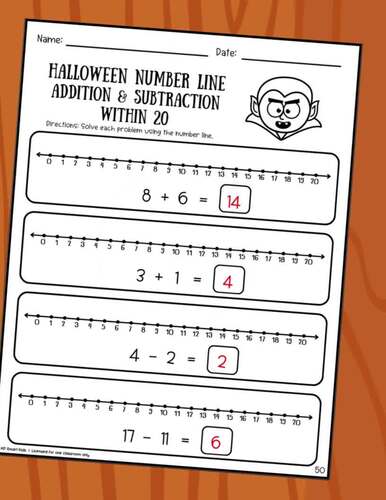 Halloween Number Line Addition and Subtraction Within 20 | Math Facts ...
