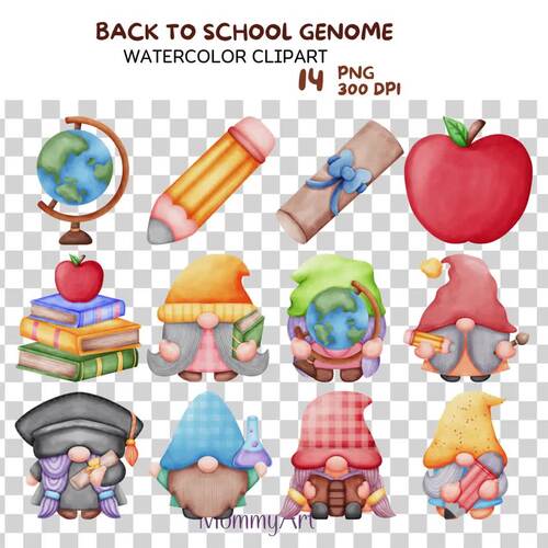 Watercolor Back to School Gnome Clipart - 17 Hand-Drawn PNG Images (300 ...