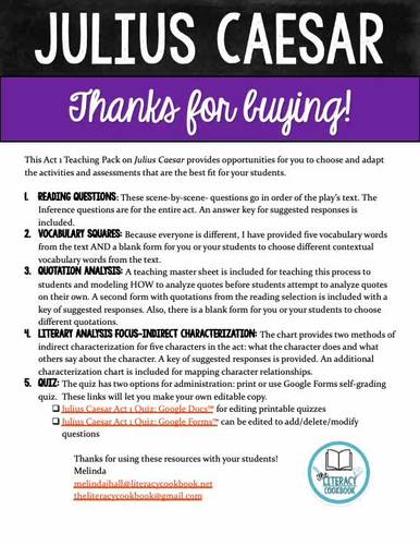 Julius Caesar Act 1 - Lessons for Act One of Shakespeare's Play - EDITABLE