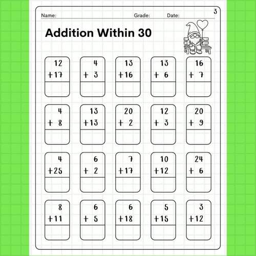 Addition Within 30 Worksheets | With and Without Regrouping | 30 Pages