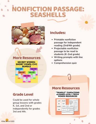 Seashells (Nonfiction Passage, Writing Prompts, & Comprehension Check ...