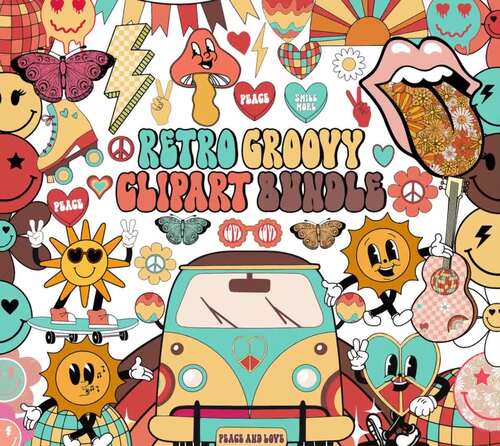 Retro Groovy ClipArt Bundle, Groovy hippie clipart Png, Teacher Digital Resource