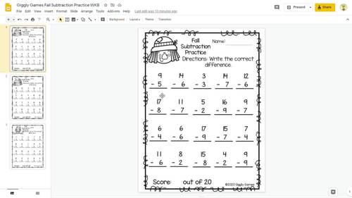 Giggly Games Fall Subtraction Mini Workbook Print & GOOGLE SLIDES ...