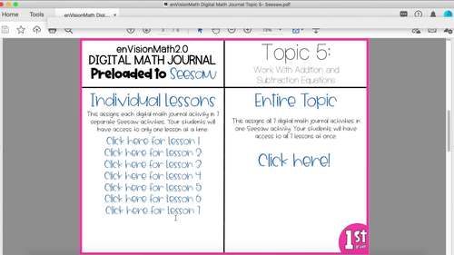 enVisionMath2.0 Digital Math Journal 1st Grade Topic 5 - Seesaw | TPT