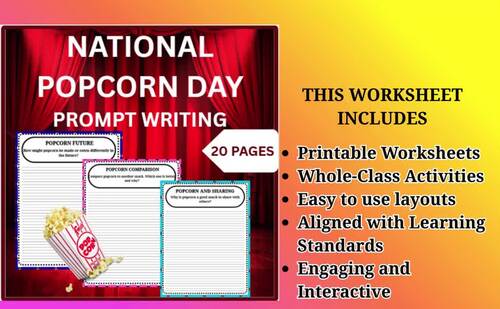 NATIONAL POPCORN DAY | 20 WRITING PROMPT| GRADE 3-8 by Learnwith Ease
