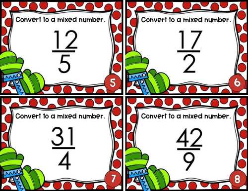 Christmas Converting Improper Fractions to Mixed Numbers Task Cards