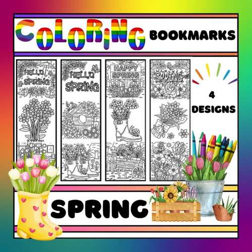 Spring, Flowers, Coloring Bookmarks, 4 Designs, Library Activity, Craft Fun