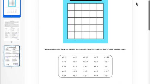 6th Grade Math Fun Friday Activities Printable Games Bingo Inequalities ...