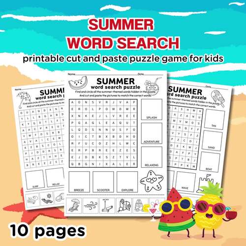 Summer Word Search Puzzle for Kids, Cut and Paste Activity, Vocabulary ...