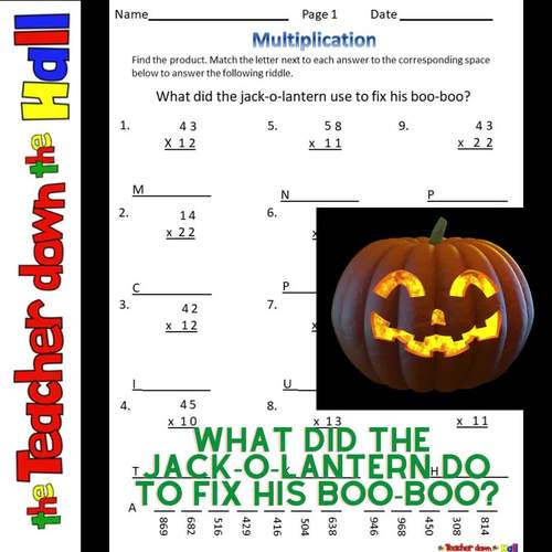 Halloween 2 Digit Mult Worksheets w/ Riddles Self-Checking Math Activity