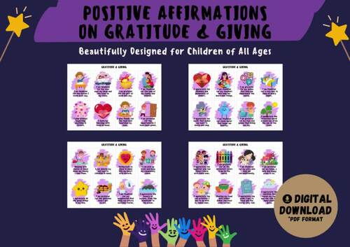 32 Positive Affirmation Cards on Gratitude & Giving for Children