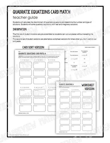 Solving Quadratic Equations Card Match Activity by Math Beach Solutions