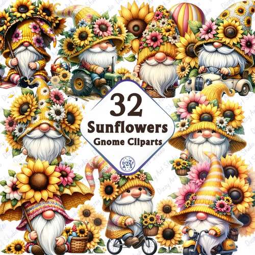 Watercolor Sunflowers Gnome Clipart Bundle PNG - Garden Clipart, Spring ...