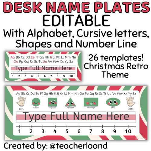 Student Desk Name Plates Christmas Retro Theme Cursive+Shapes+Alphabet ...