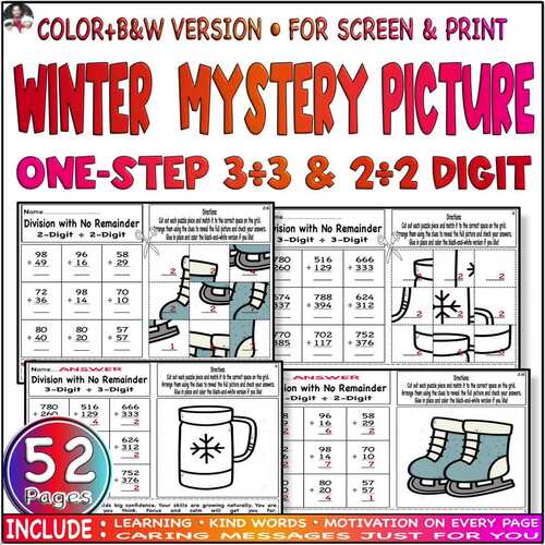 Winter Mystery Picture: One-Step Exact 3÷3 & 2÷2 Digit Division Math ...