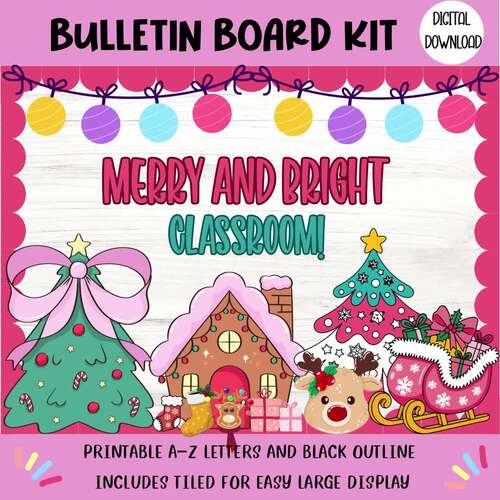 Merry and Bright Christmas Classroom Bulletin Board Kit | Holiday Decor Set