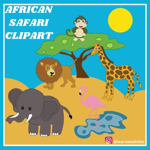 African Safari Clipart Wild Animals Lions Elephants Flamingos Monkeys ...