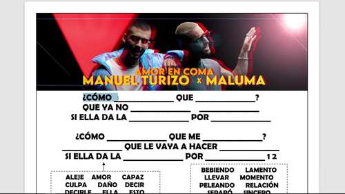Manuel Turizo, Maluma - 'Amor en Coma' Cloze Song Sheet *with VIDEO W ...