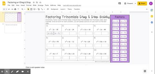 Factoring Trinomials a=1 Drag & Drop Activity by Erin's Essential Equations