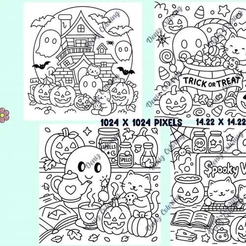 Spooky Halloween Coloring Pages, Ghosts, Pumpkins, Witches, Haunted houses