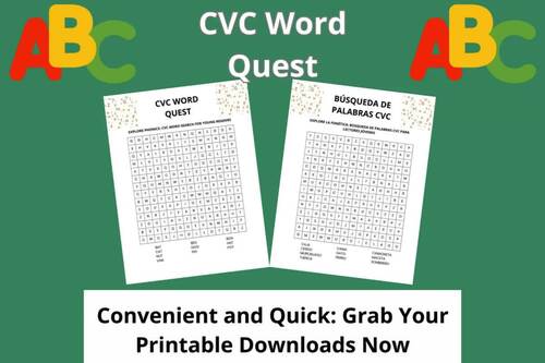 CVC Word Search- Available in (English & Spanish) For K-2nd grade.