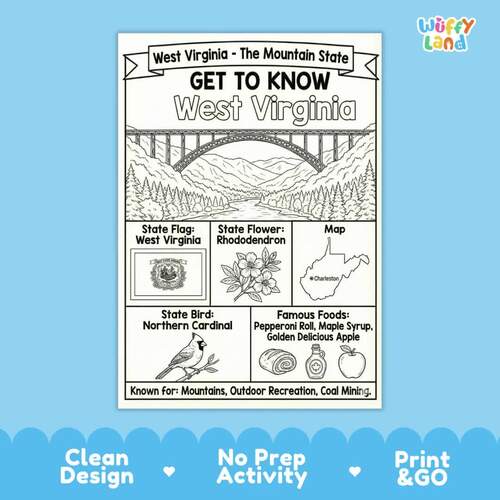 West Virginia State Study Geography Coloring Page Worksheet Activity