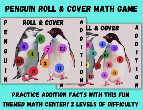 Penguin Day Addition Roll and Cover Bump Math Game Center | TPT