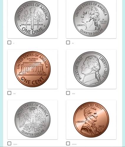 Coin Identification Google Quiz Set for K-1 Match Coins With Names & Values