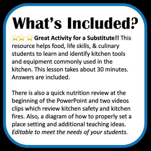 Kitchen Equipment Activity FACS FCS Culinary Arts Life Skills | TpT