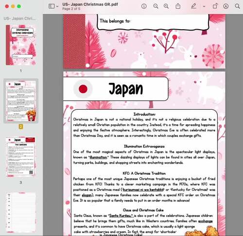 Christmas Around the World || Japan || Guided Reading Comprehension Packet