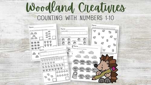Woodland Creatures Math Worksheets, Practice Counting Numbers 1-10, PreK/K