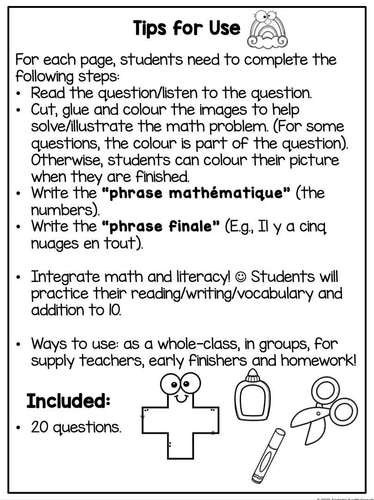 French Math Word Problems to 10 Spring | Les Problèmes de Mots du printemps