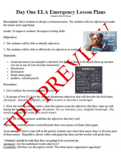 2 Days of ELA Emergency Lesson Plans (fun and educational) by ...