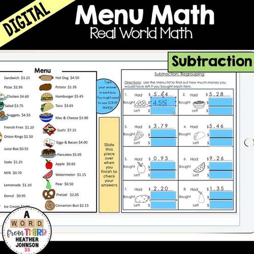 Menu Math Subtraction: Money, Real World, Printable and Digital Google ...