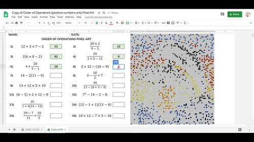 Google Sheets Digital Pixel Art Math Order of Operations by Algebra Accents