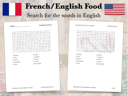 French/English food vocabulary Word Search puzzles | TPT