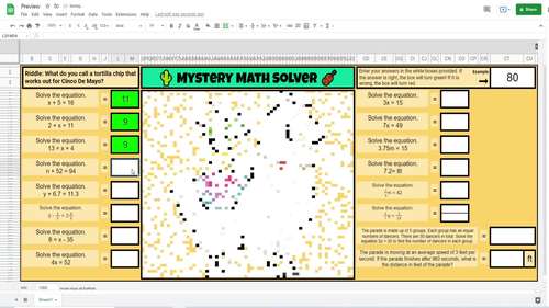Cinco de Mayo - Algebra Equations - Digital Math Activity - Pixel Art