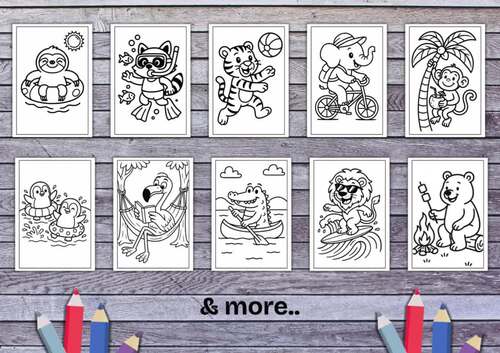 Animals on Summer Vacation – 20 Printable Coloring Pages for Kids