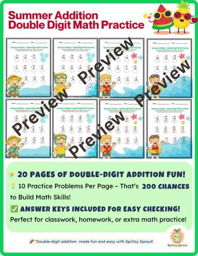 Summer Addition – 20 Pages of Double-Digit Math Practice with Answer Keys