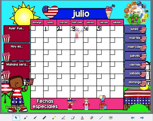 Morning Calendar For MIMIO Board - Julio (4 de julio) by mrscortes