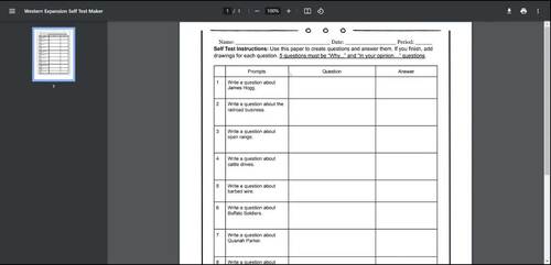 Closing the Frontier | Student Self-Test Maker | 7th Grade Texas History