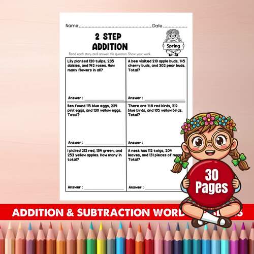 3-Digit Addition & Subtraction Word Problems Worksheets | Spring Math ...