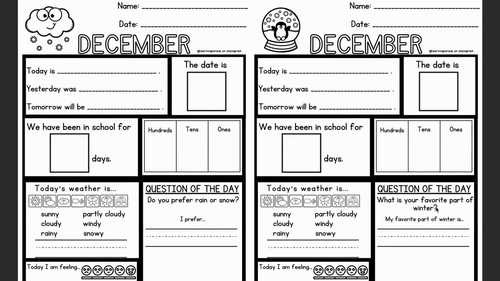 December Morning Work (Daily Calendar/Weather) PreK, Kindergarten, First