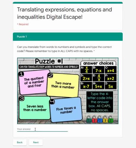Translating Algebraic Expressions Digital Math Escape Room Activity