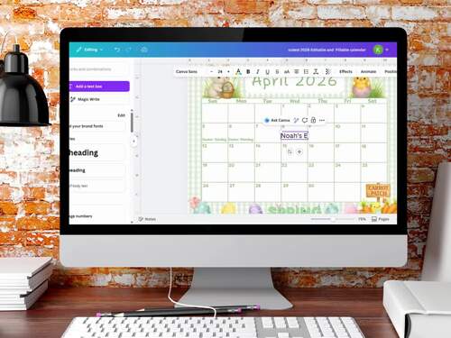 Editable April 2026 Watercolor Calendar by Lucky Mulberry Digital Designs