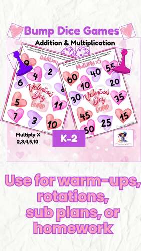 Valentine's Day February Math Bump Game Add and Multiply Practice K 2 ...